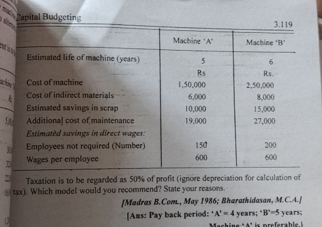 Capital Budgeting Estimated life of machine | StudyX
