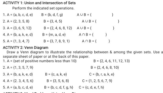 ACTIVITY 1 Union and Intersection of Sets | StudyX