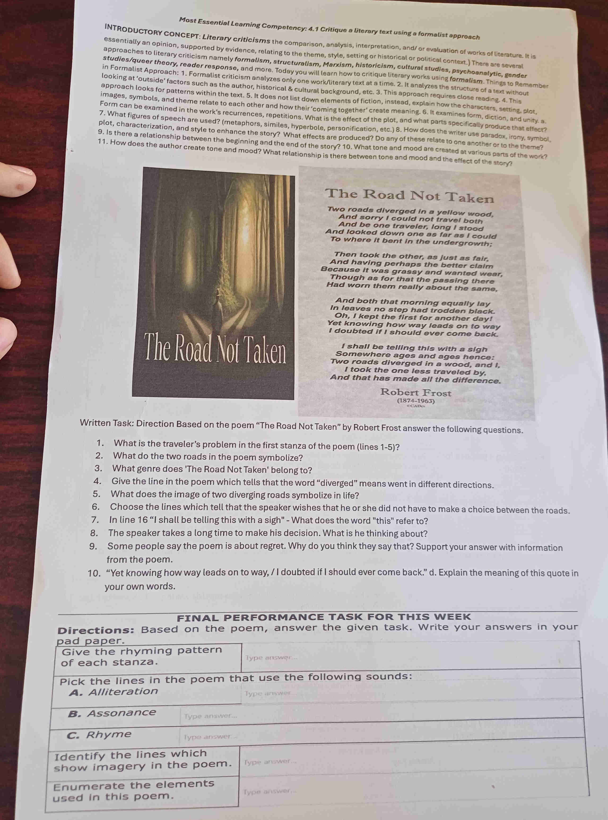 Written Task Direction Based on the poem The | StudyX