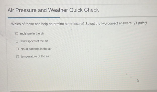 Air Pressure and Weather Quick Check Which | StudyX