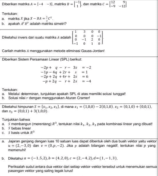 Diberikan matriks A = -4 -3 matriks B = -1 | StudyX