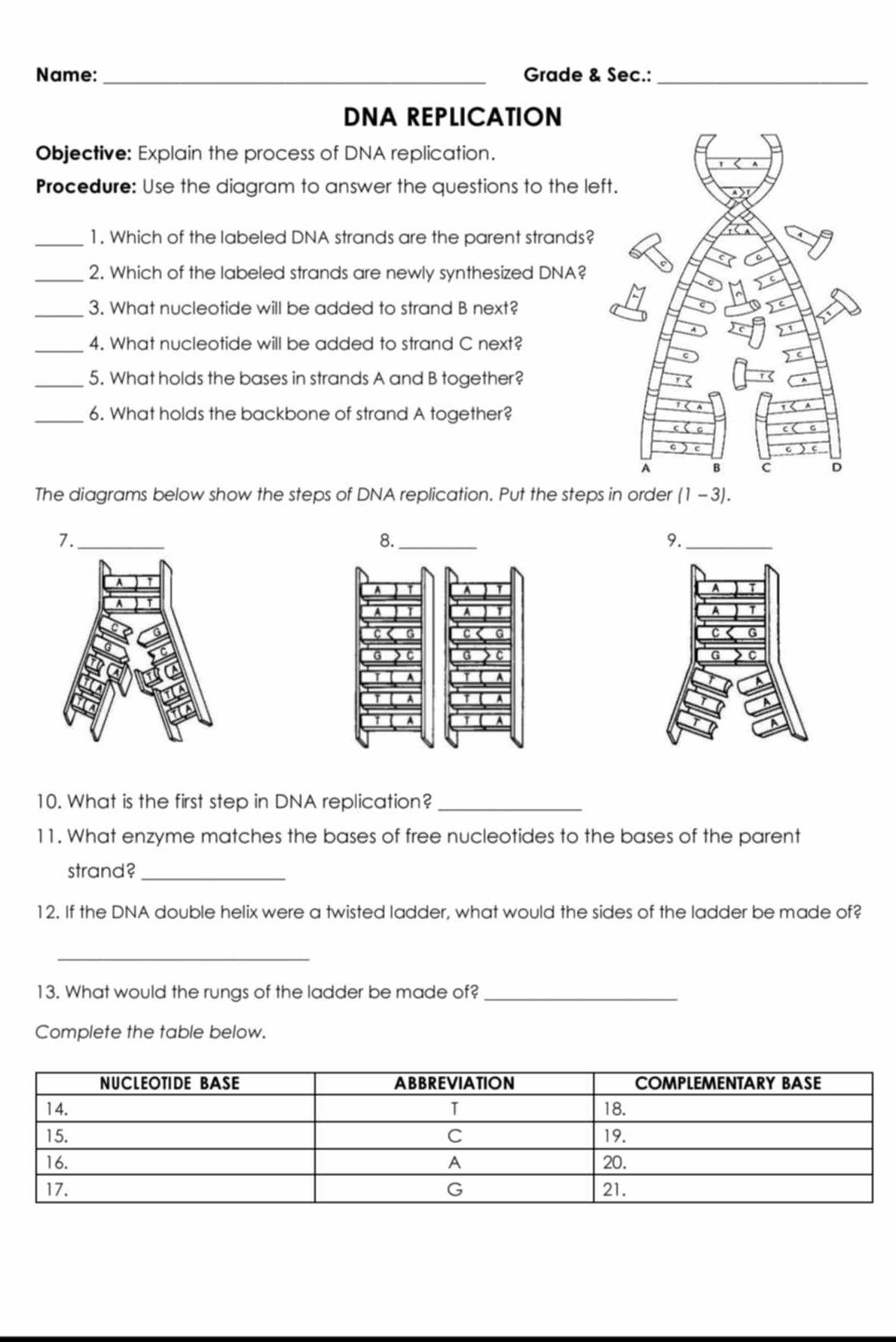 Name Grade Sec DNA REPLICATION Objective | StudyX