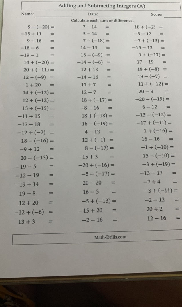 Adding and Subtracting Integers (A) | StudyX
