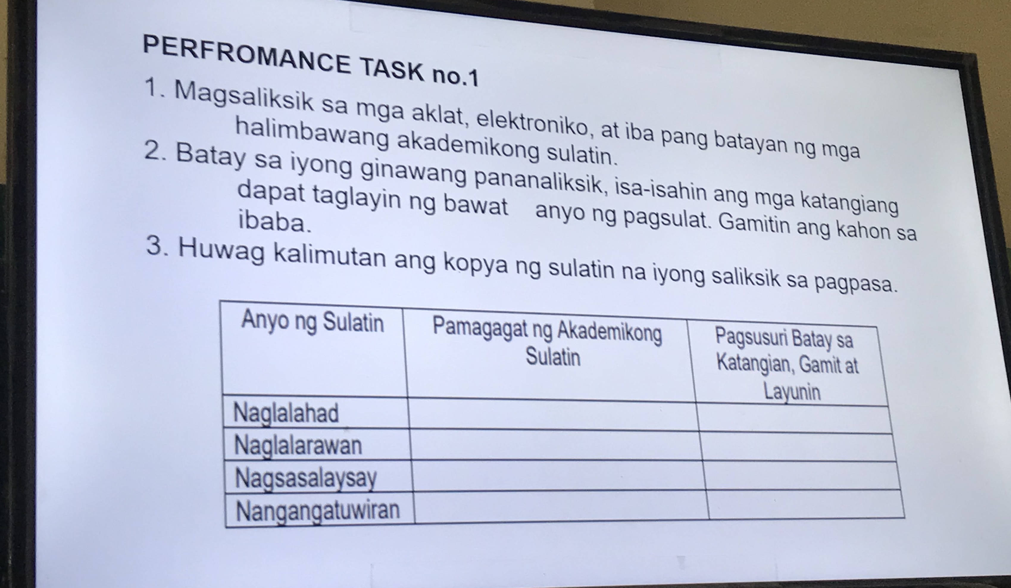 PERFORMANCE TASK no1 1 Magsaliksik sa mga | StudyX