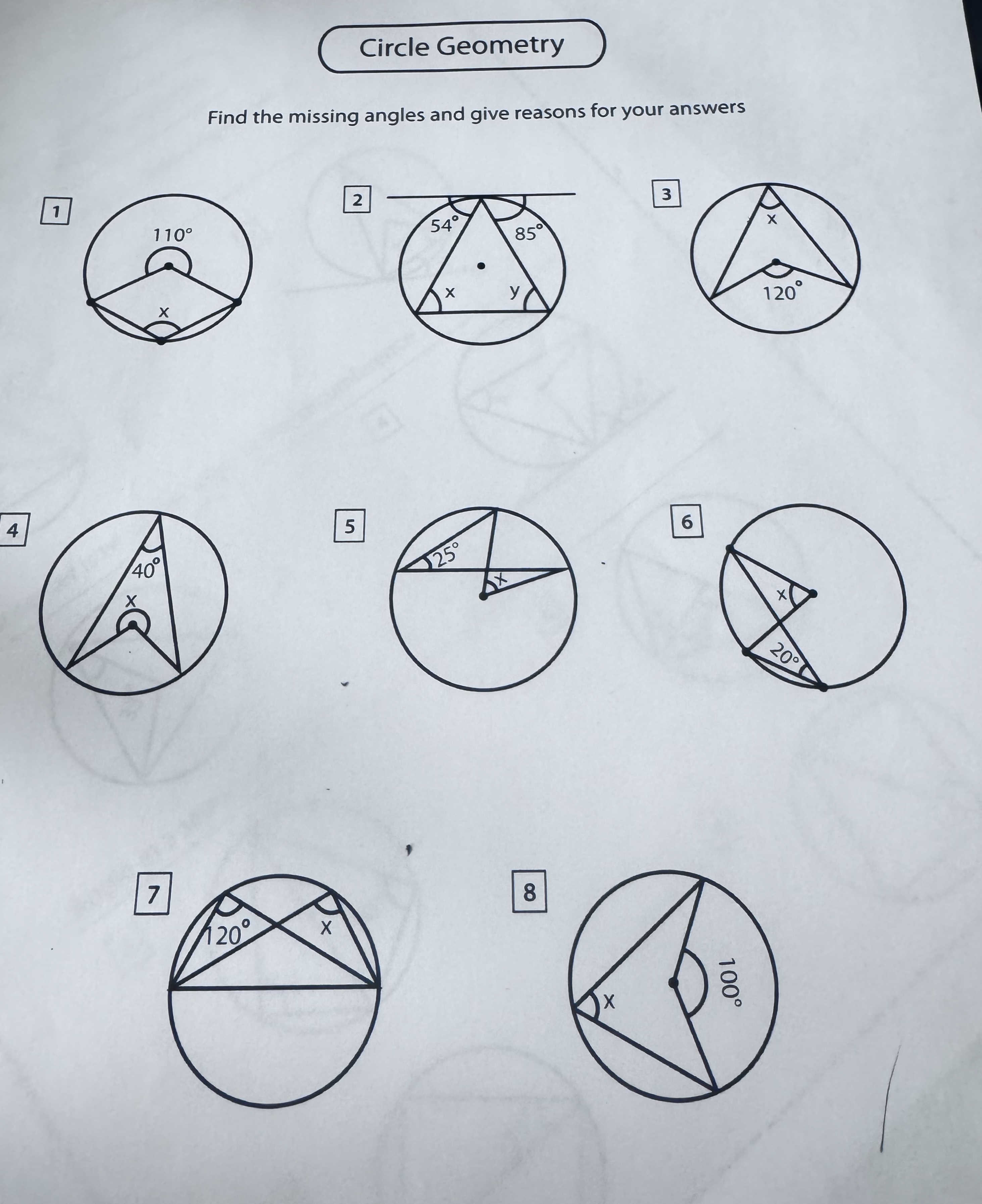 Circle Geometry Find the missing angles and