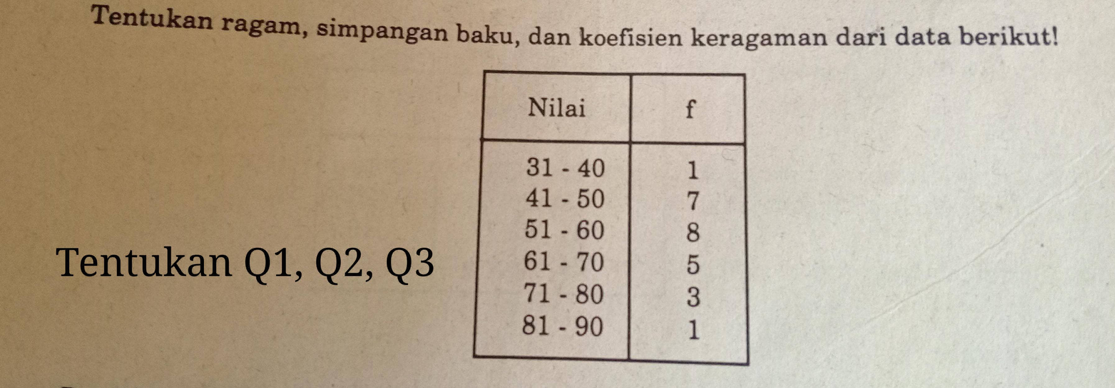 Tentukan ragam simpangan baku dan koefisien | StudyX