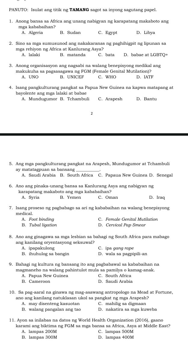 PANUTO Isulat ang titik ng TAMANG sagot sa | StudyX
