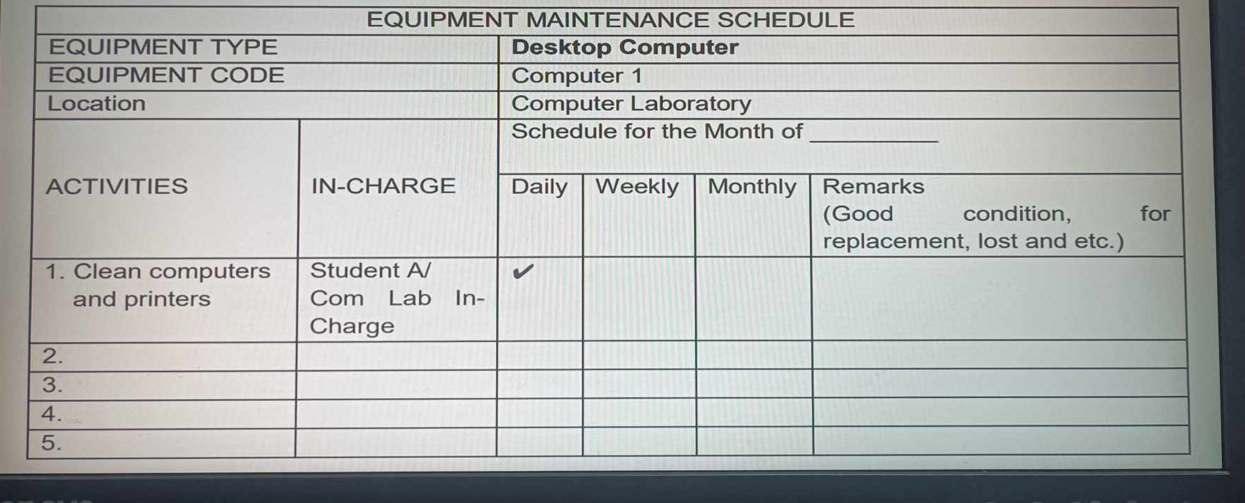 EQUIPMENT MAINTENANCE SCHEDULE EQUIPMENT | StudyX