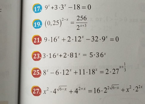 (17 9x+3 3x-18=0 (19) (025)2-x= 2562x+3 | StudyX