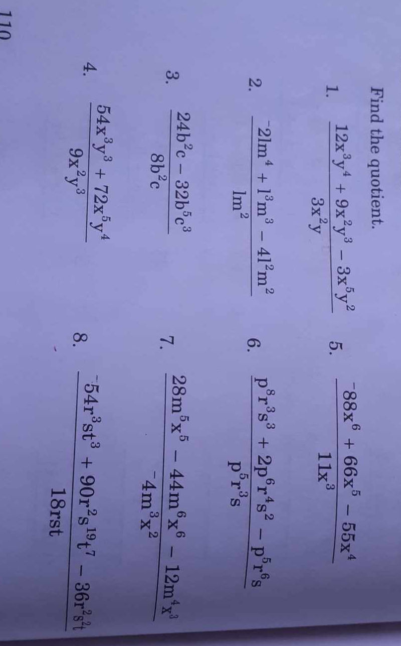Find the quotient 1 12x3y4 + 9x2y3