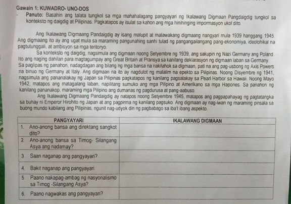 Gawain 1 KUWADRO-UNO-DOSPanuto Basahin ang | StudyX