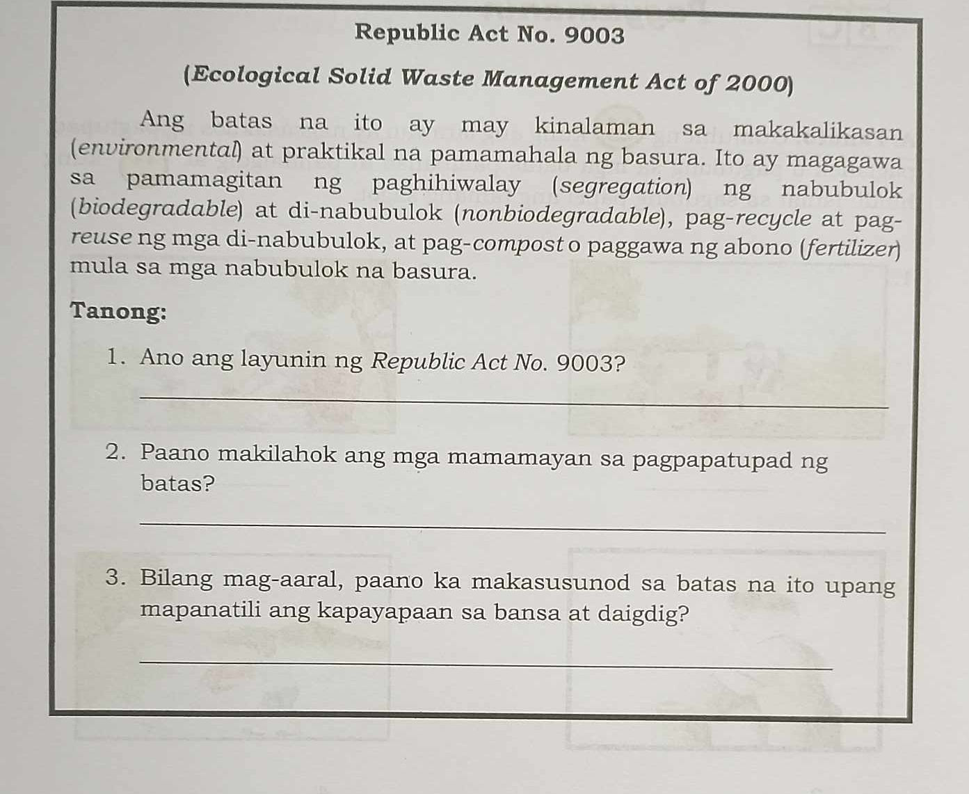 Republic Act No 9003 (Ecological Solid Waste | StudyX