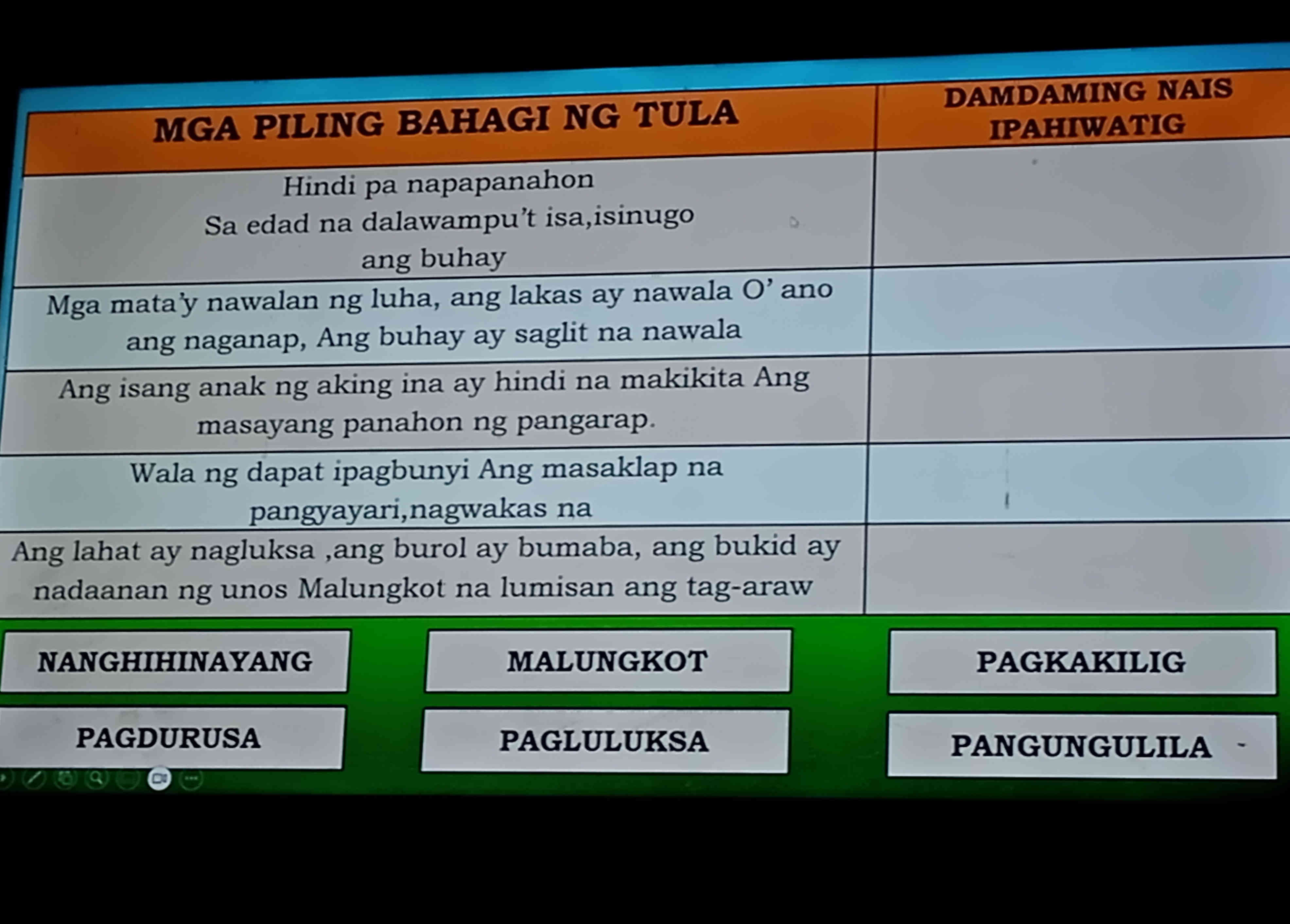 MGA PILING BAHAGI NG TULA Hindi pa | StudyX