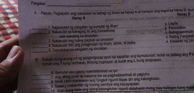 Pangalan A Panuto Pagtapatin ang nakasaad na | StudyX