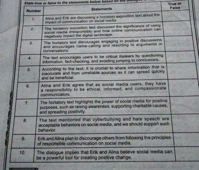 State true or false to the statements below | StudyX