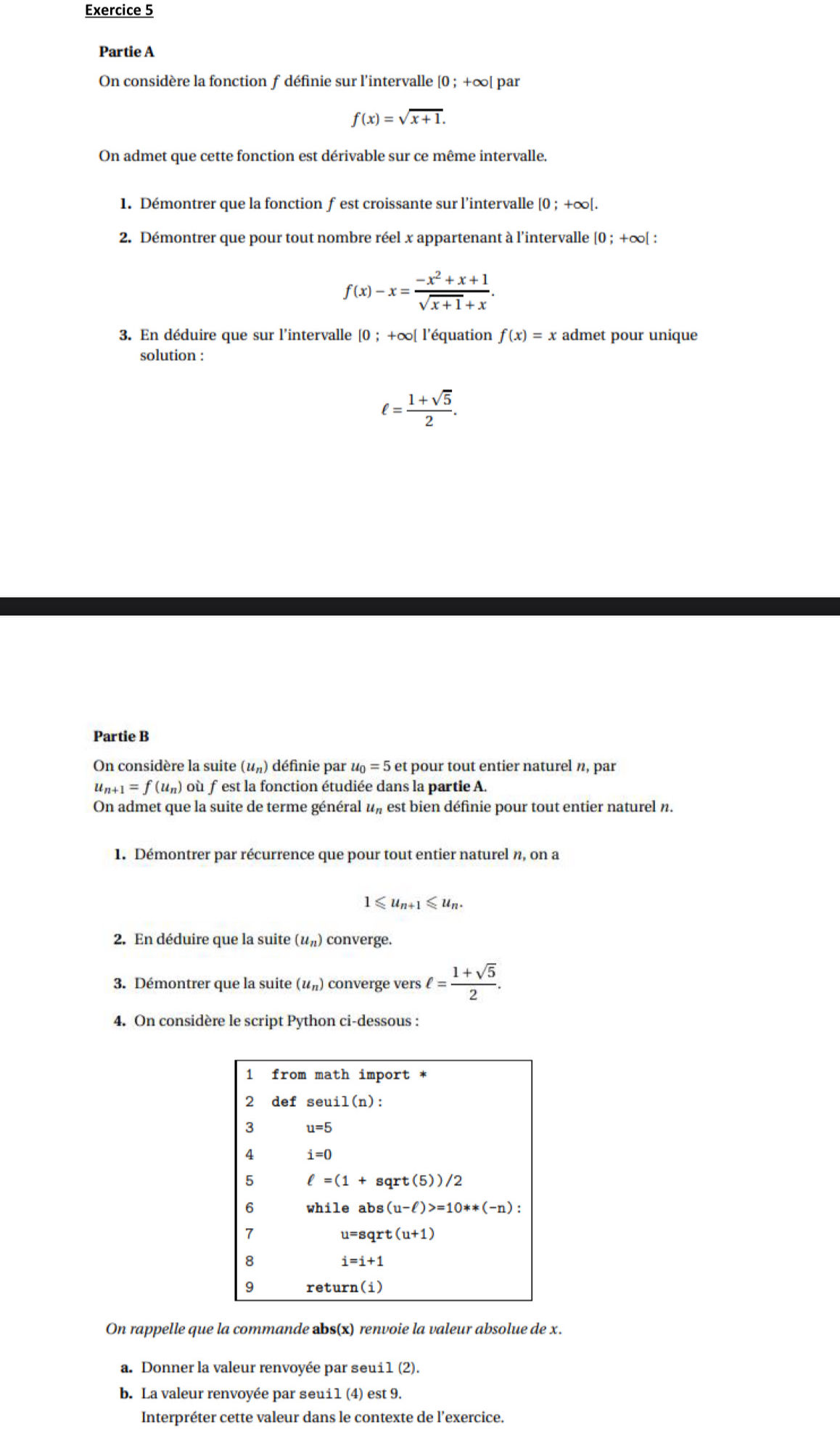 Exercice 5 Partie A On considre la fonction | StudyX