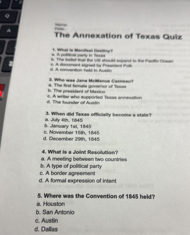 The Annexation of Texas Quiz 1 What is | StudyX