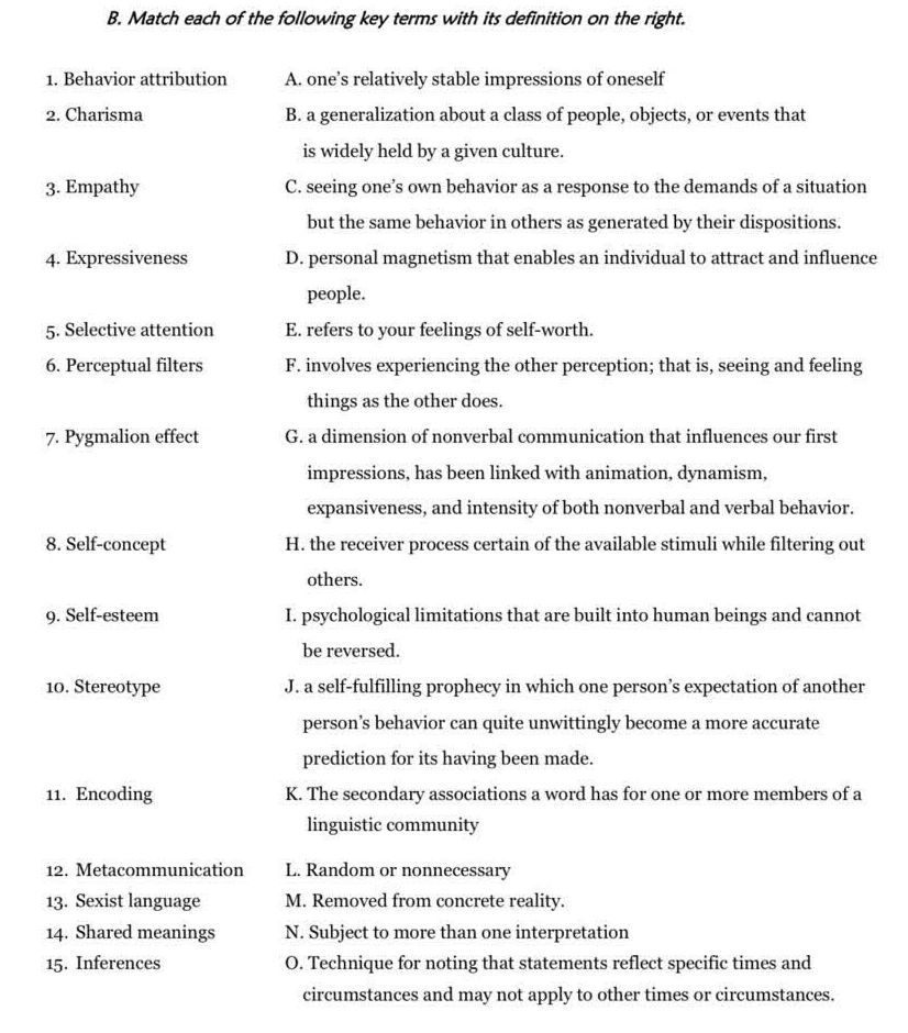B Match each of the following key terms with | StudyX