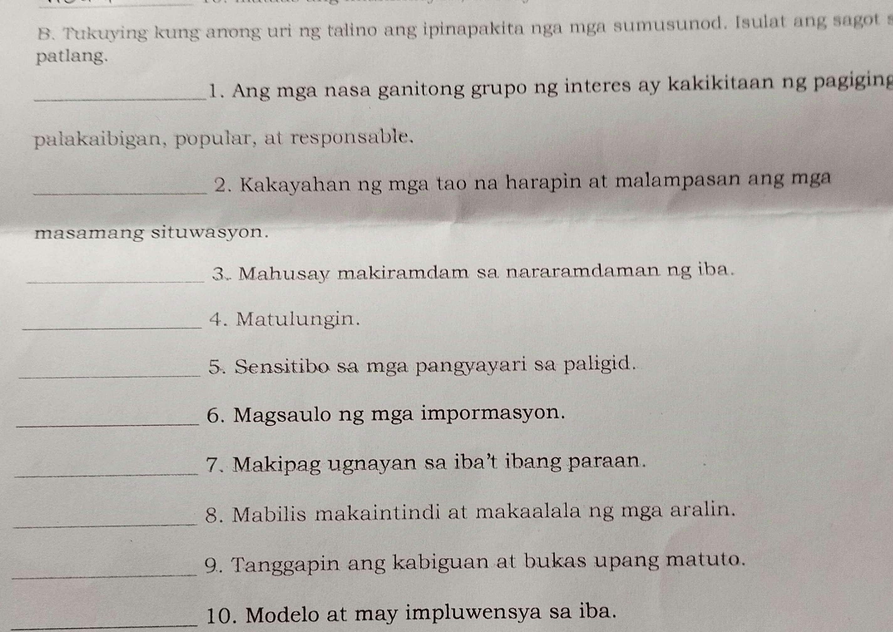 B Tukuyin kung anong uri ng talino ang | StudyX