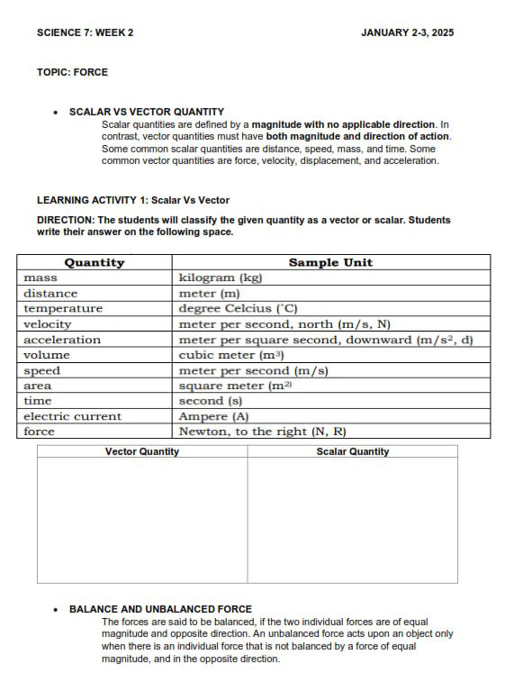 SCIENCE 7 WEEK 2 TOPIC FORCE JANUARY 2-3 | StudyX