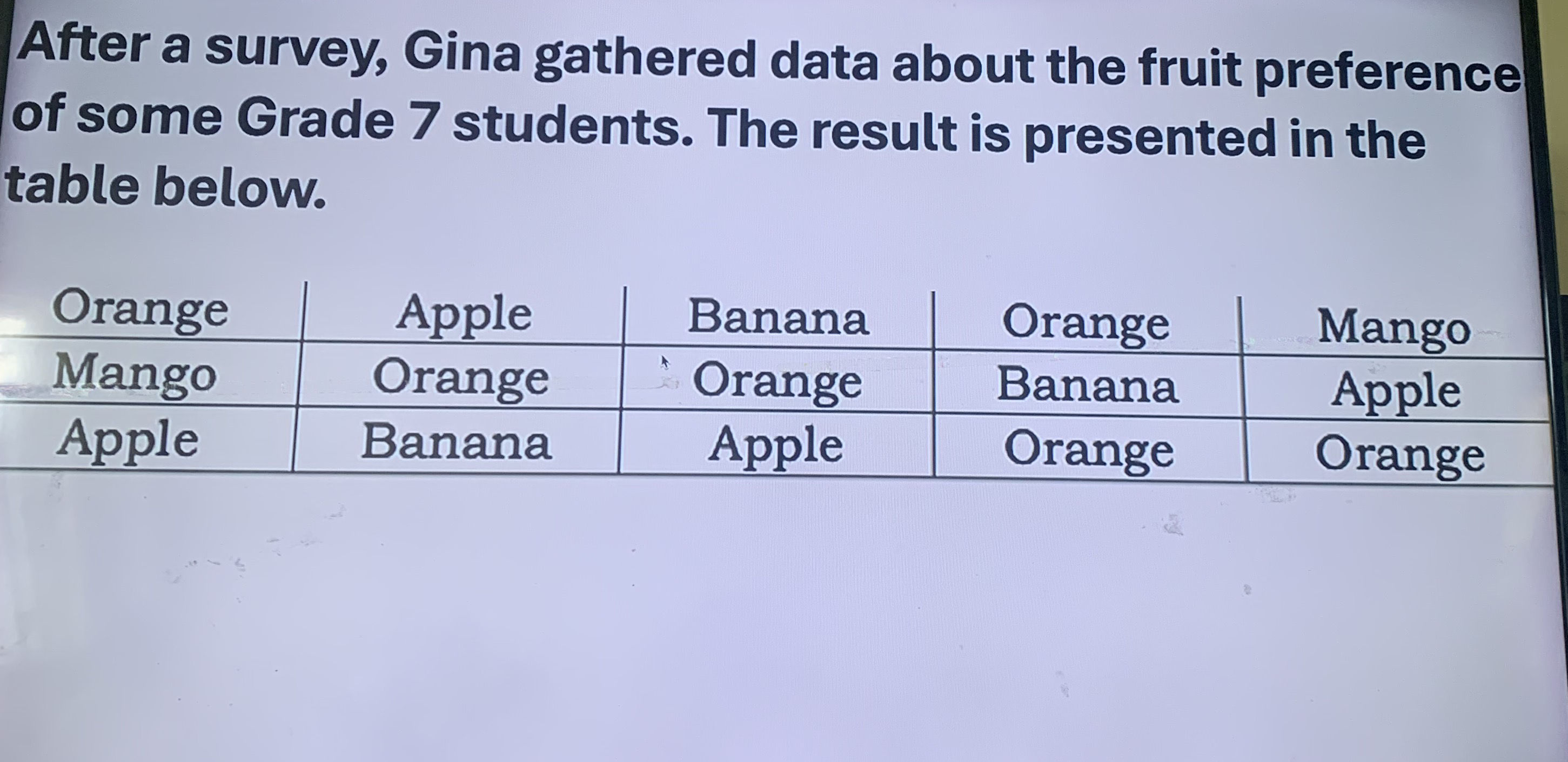 After a survey Gina gathered data about the | StudyX