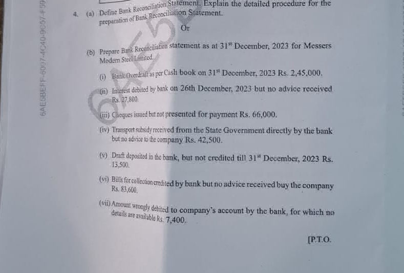 4 (a) Define Bank Reconciliation Statement | StudyX