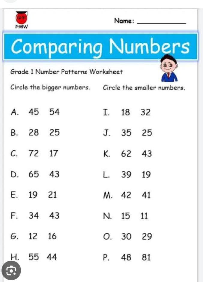 Comparing Numbers Grade 1 Number Patterns | StudyX