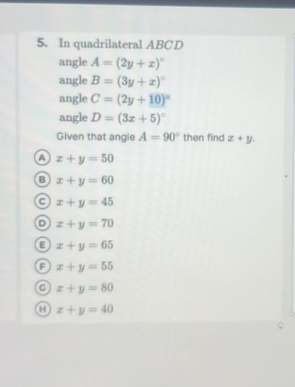 5 In quadrilateral ABCD angle A = (2y+z) | StudyX