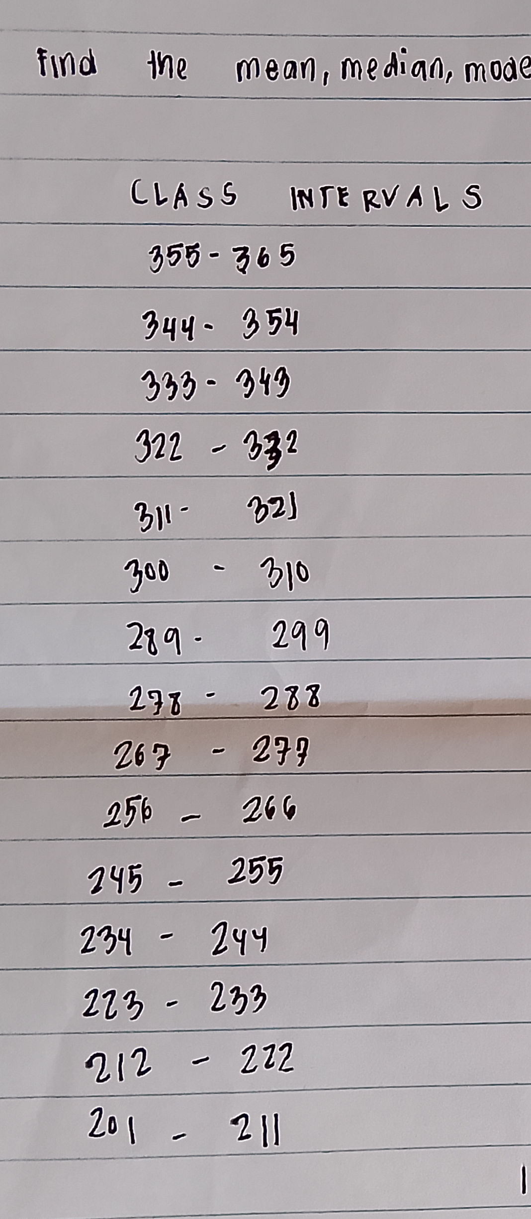 Find the mean median mode CLASS 355-365 | StudyX