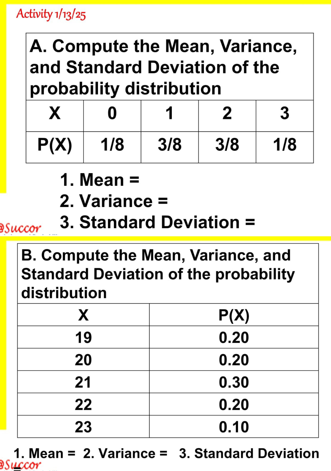 Activity 1/13/25 A Compute the Mean Variance | StudyX