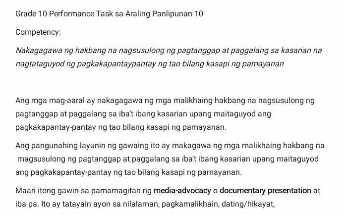 Grade 10 Performance Task sa Araling | StudyX