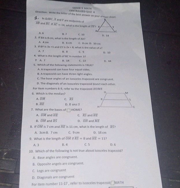 GRADE 9 MATH CENTRALIZED QUIZ 4 Direction | StudyX