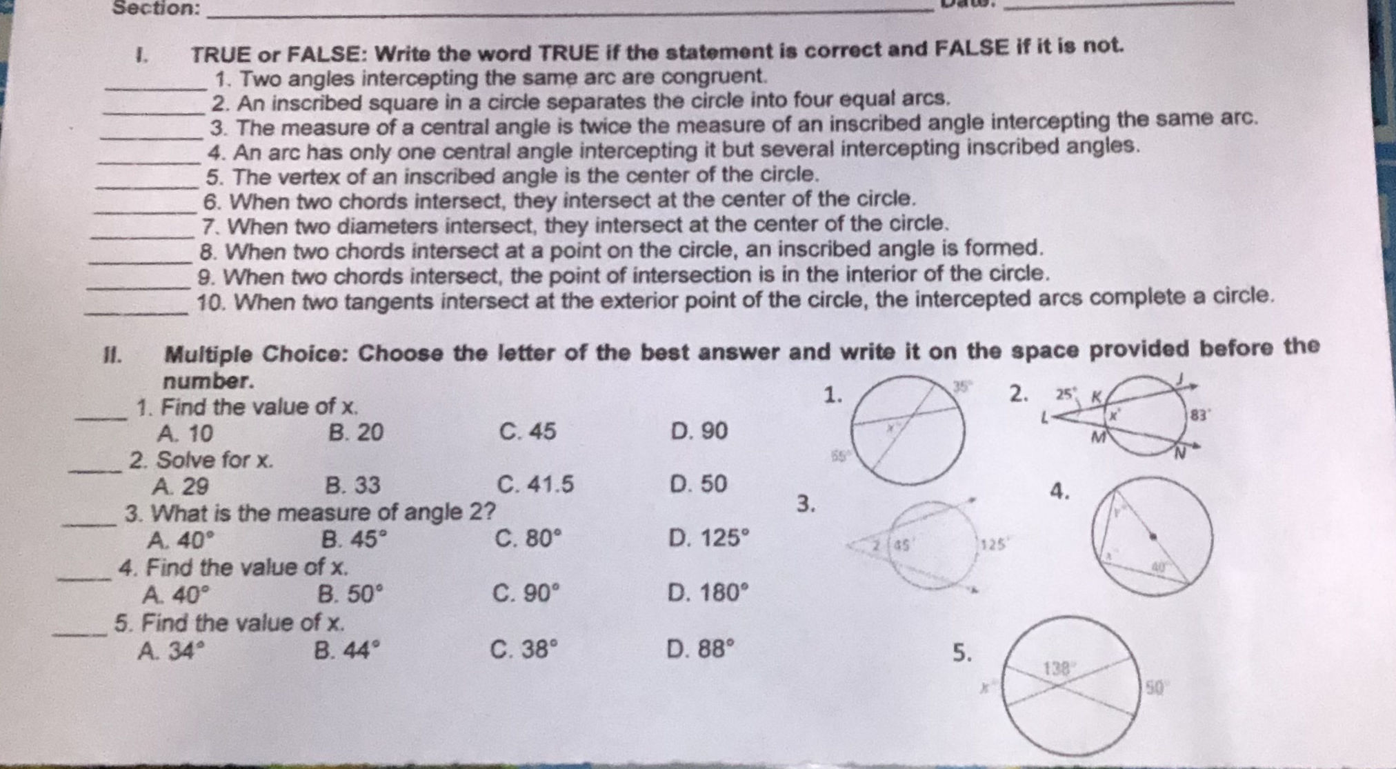 Section I TRUE or FALSE Write the word TRUE | StudyX