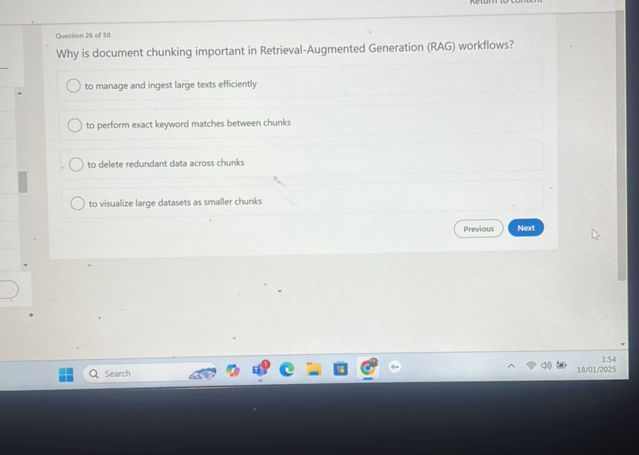 Question 26 of 50 Why is document chunking | StudyX