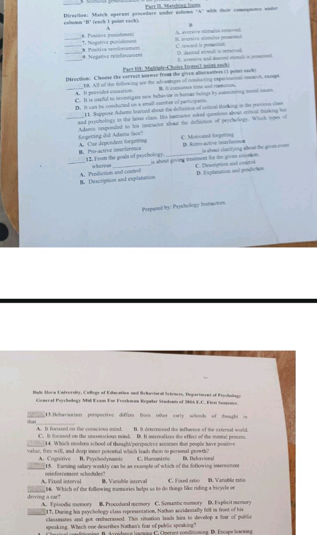 Part II Matching Items Direction Match | StudyX