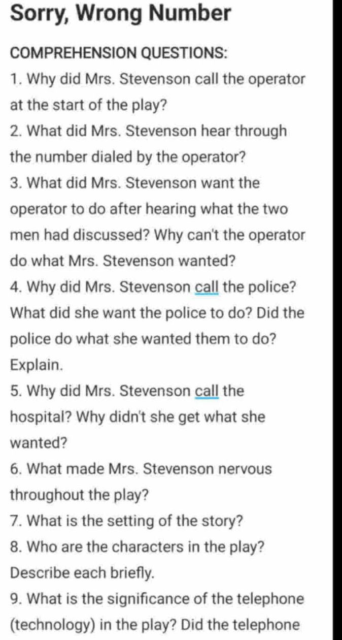 Sorry Wrong Number COMPREHENSION QUESTIONS 1