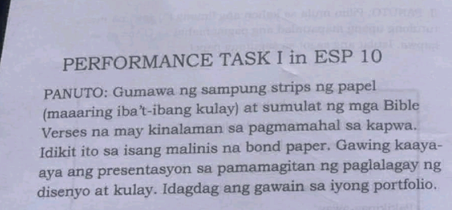 PERFORMANCE TASK I in ESP 10 PANUTO Gumawa | StudyX