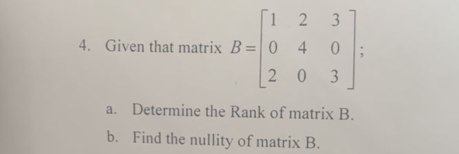 4 Given that matrix B = 1 2 3 0 4 0 2 | StudyX