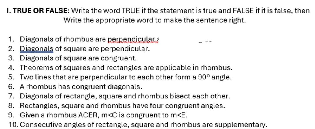 I TRUE OR FALSE Write the word TRUE if the | StudyX