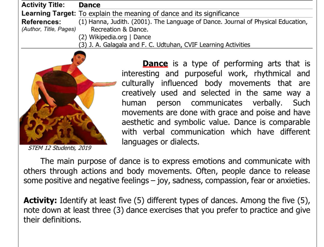Activity Title Dance Learning Target To | StudyX