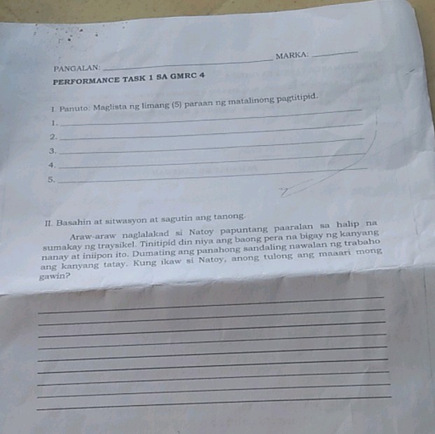 PERFORMANCE TASK 1 SA GMRC 4 1 Panuto | StudyX