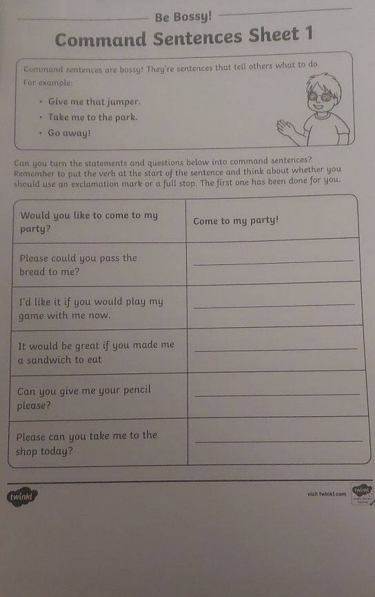 Be Bossy Command Sentences Sheet 1 Command | StudyX