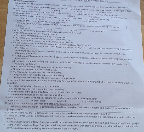 Formative AssessmentInstructions Read the | StudyX