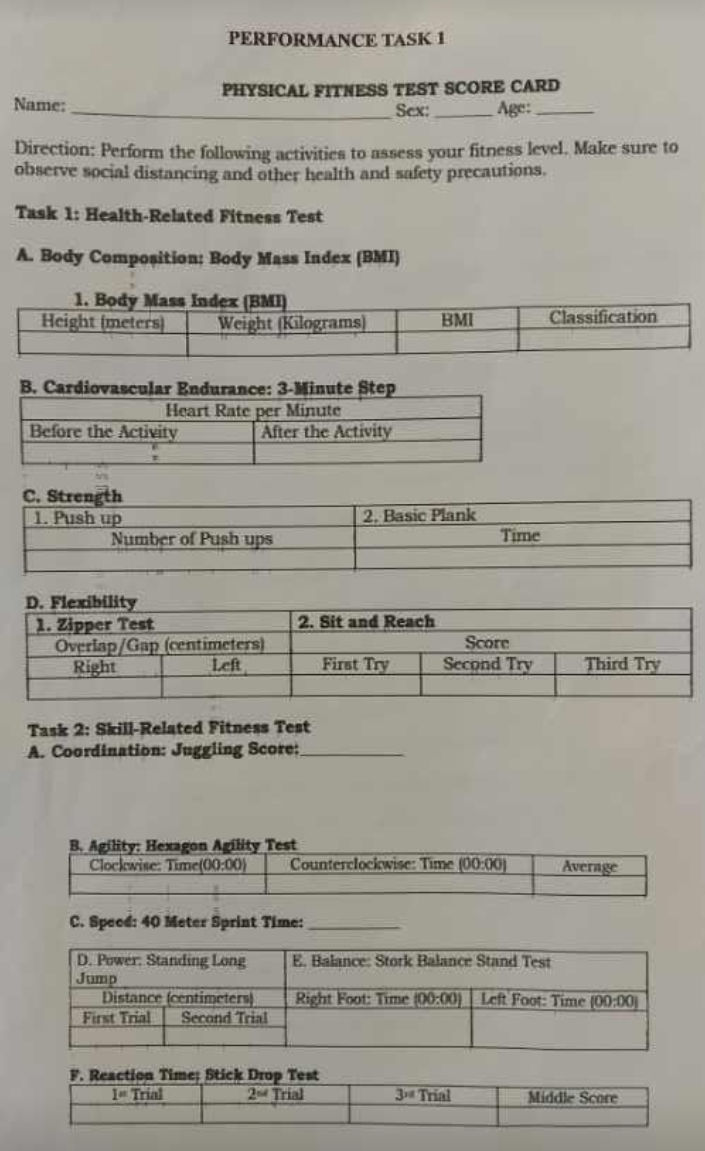 PERFORMANCE TASK 1 PHYSICAL FITNESS TEST | StudyX