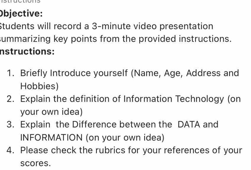 Objective Students will record a 3-minute | StudyX