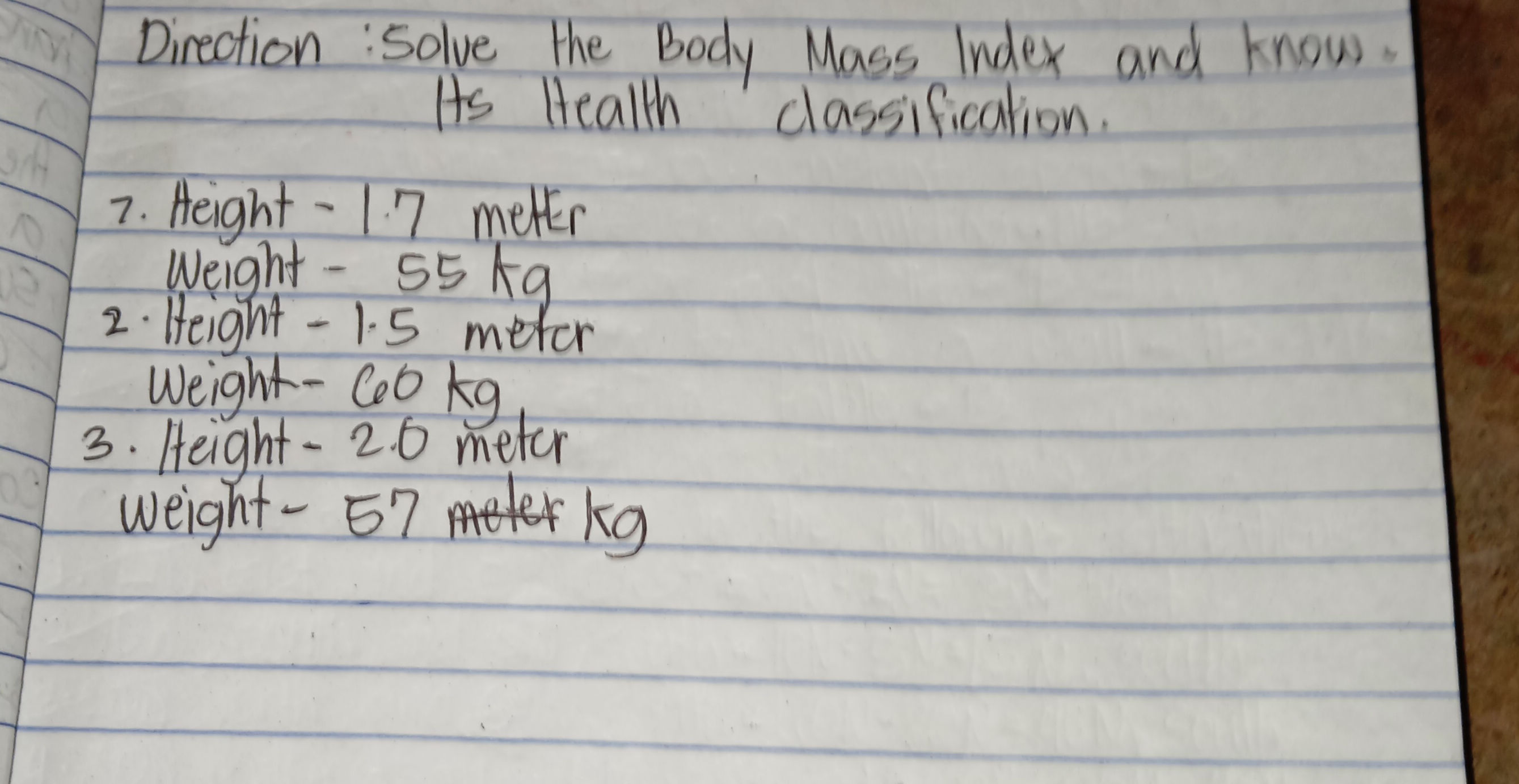 Direction Solve the Body Mass Index and | StudyX