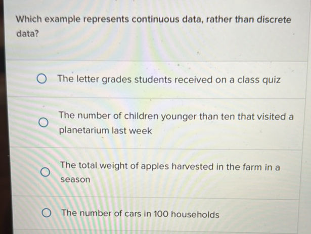 Which example represents continuous data | StudyX
