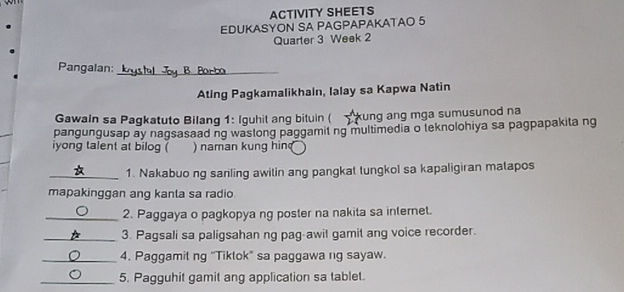 ACTIVITY SHEETS EDUKASYON SA PAGPAPAKATAO 5 | StudyX