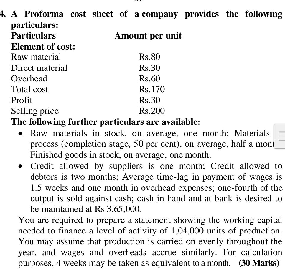 4 A Proforma cost sheet of a company