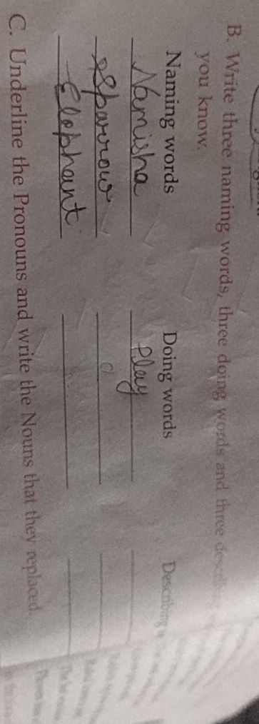 B Write three naming words three doing words | StudyX